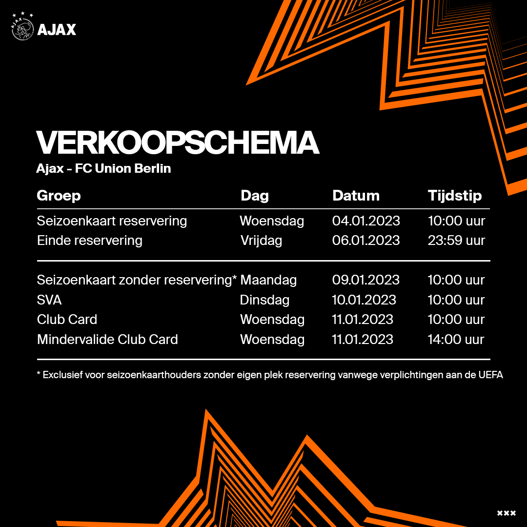 Informatie kaartverkoop Ajax – FC Union Berlin Informatie kaartverkoop Ajax – FC Union Berlin